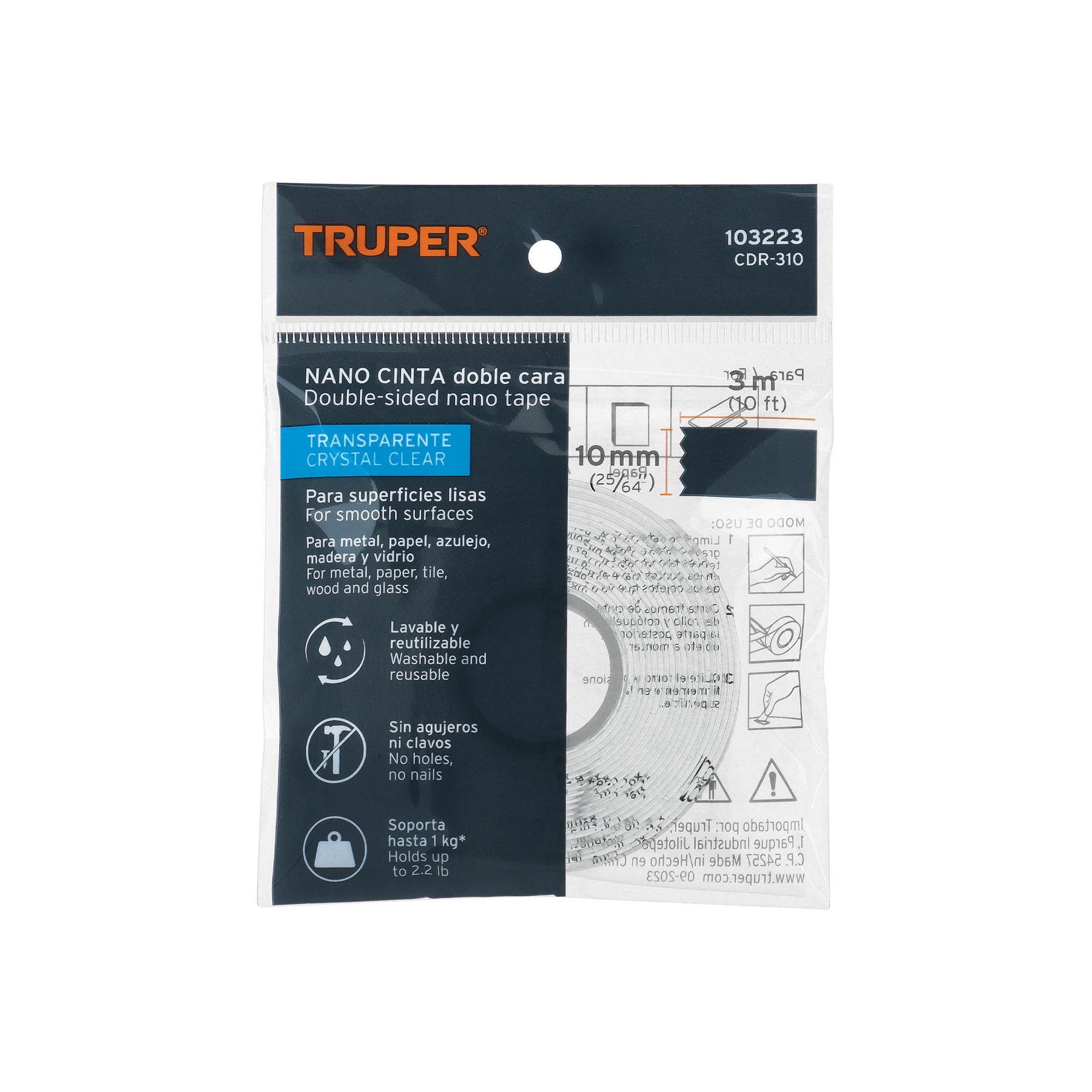 Cinta doble cara reutilizable, transparente 3mx10mm, Truper, Cintas De ...