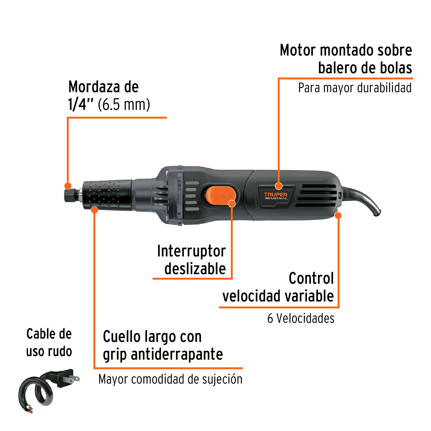Esmeril recto (rectificador) 1/4 600W, TRUPER INDUSTRIAL, Truper, 16871