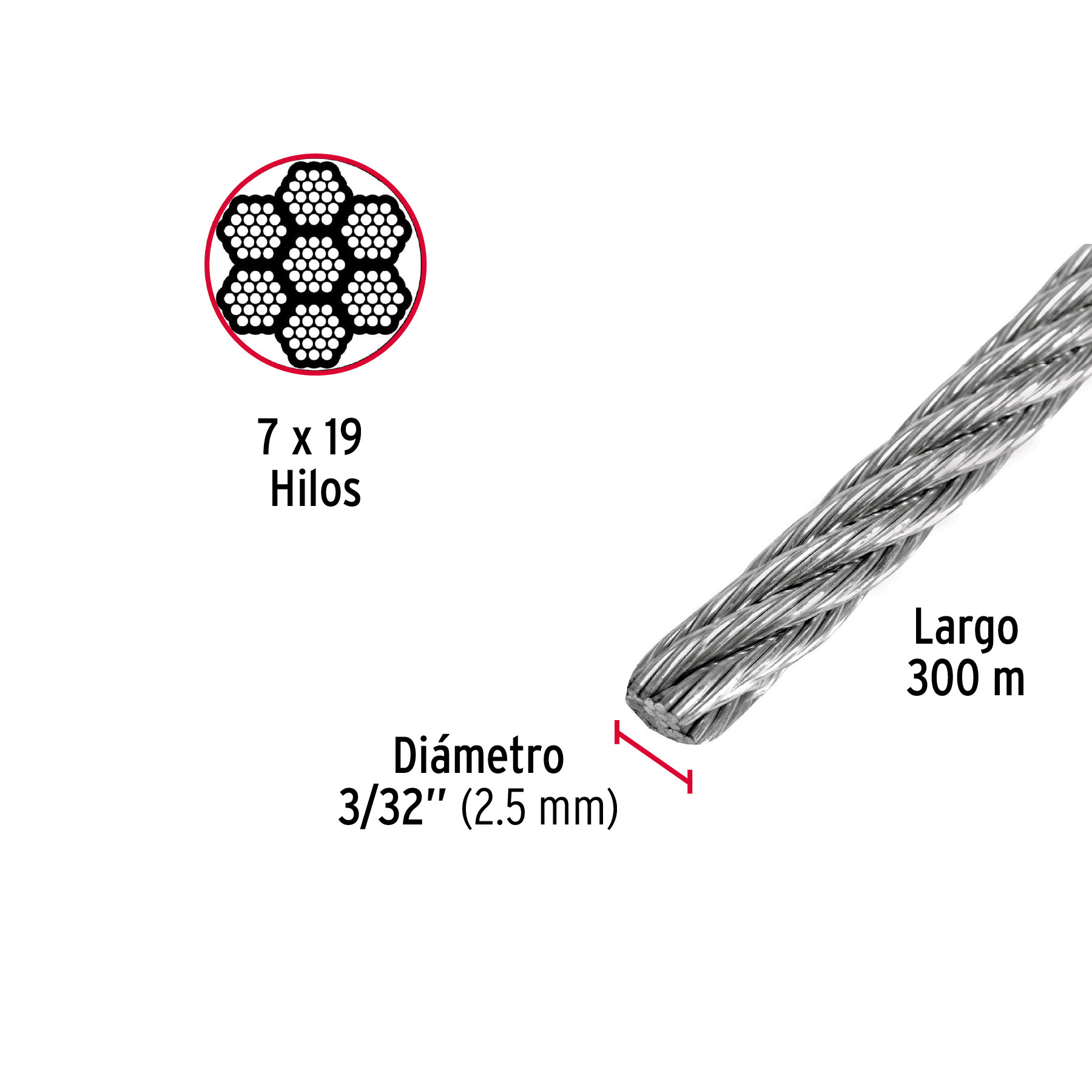 Metro de cable flexible 3/32 de acero 7x19 hilos, 300 m, Fiero, 48800