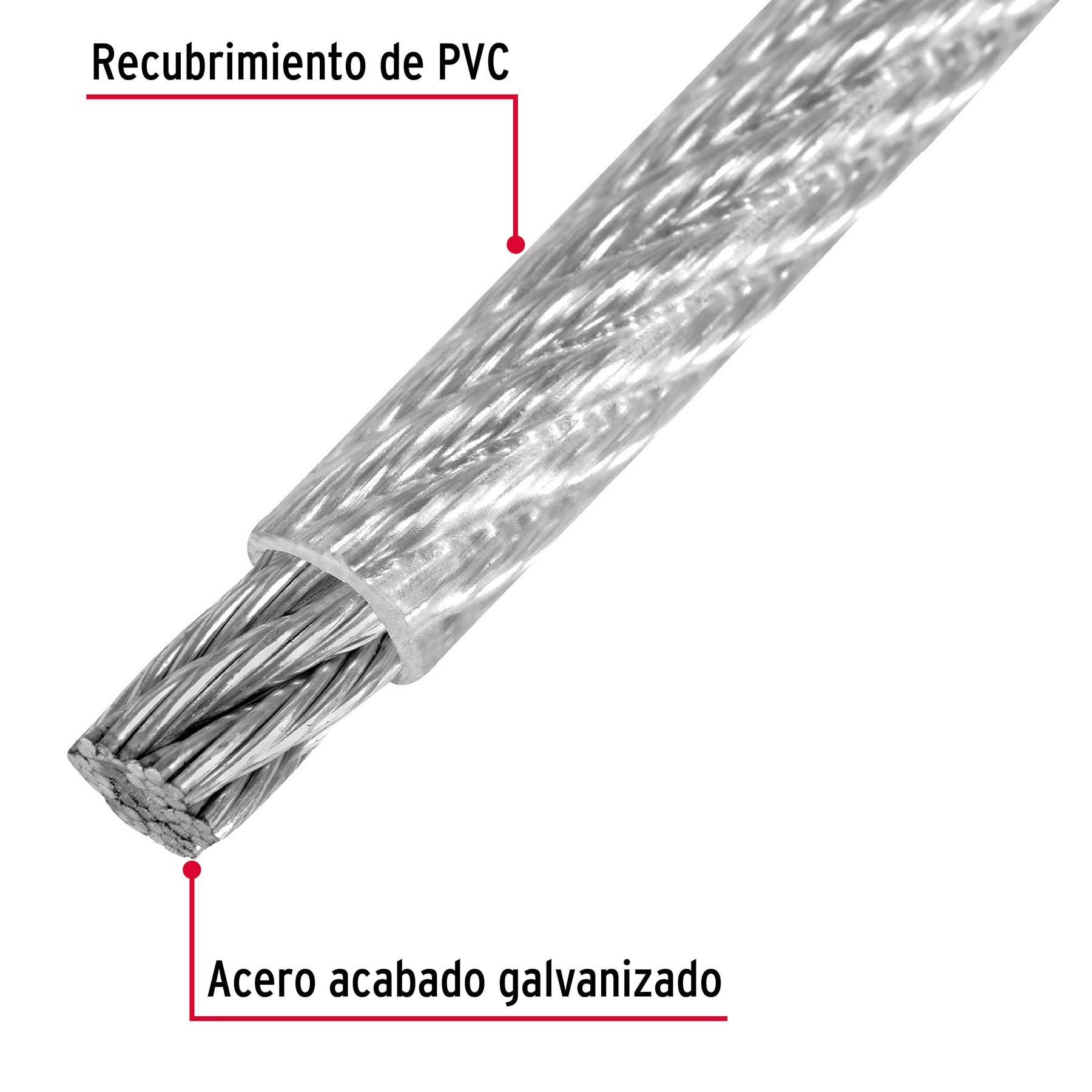 Metro de cable rígido 1/8 acero 7x7 recubierto PVC, 75 m, Fiero, 44219