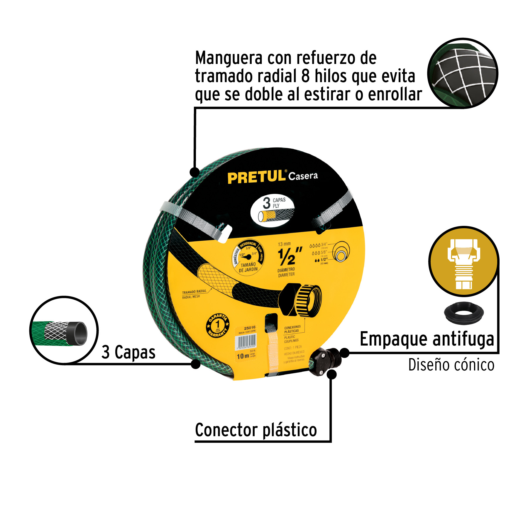 Manguera 1/2 reforzada 3 capas 10m conexiones plást, PRETUL, Pretul, 25016
