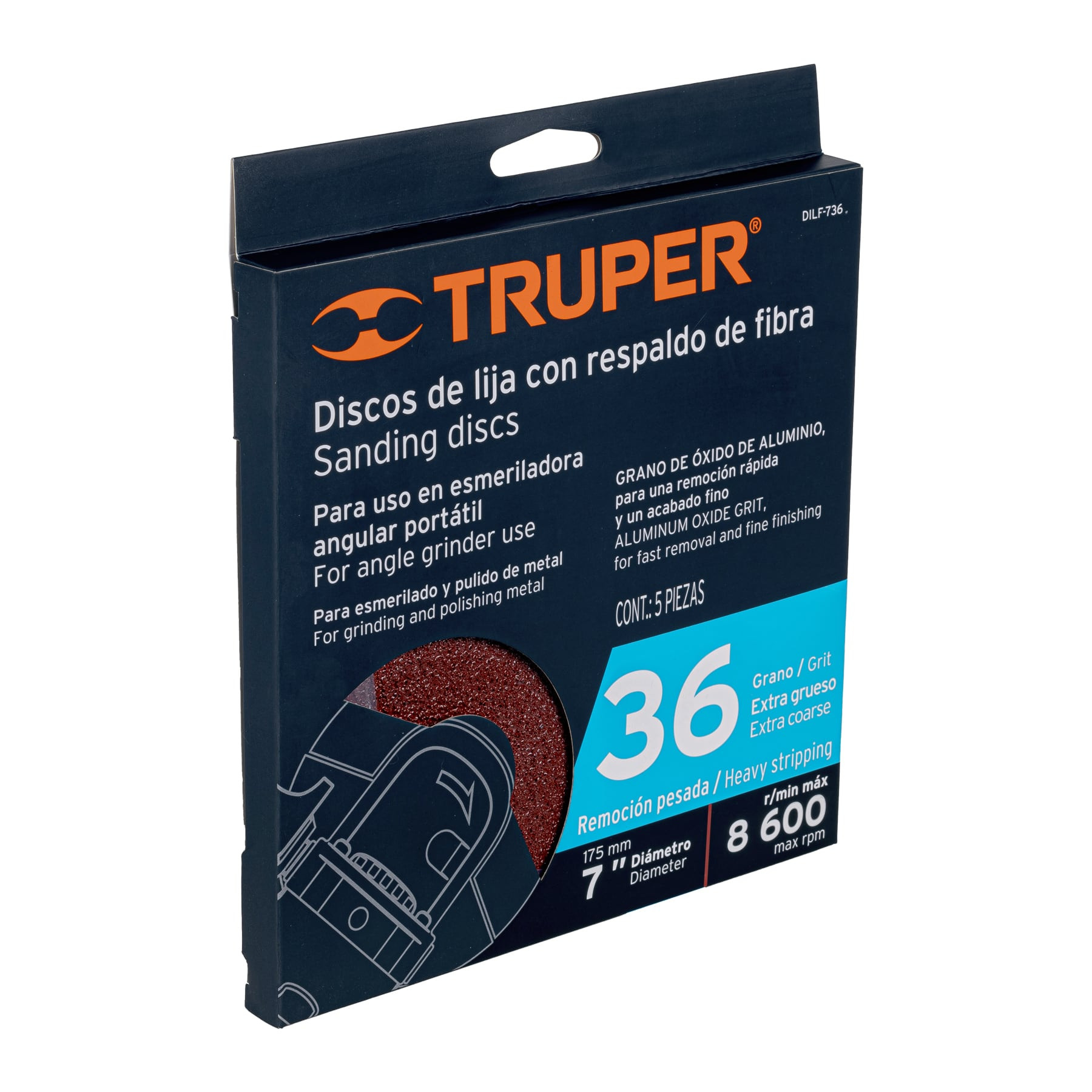 Disco de lija de 7 con respaldo de fibra, grano 36, TRUPER, Truper, 100160