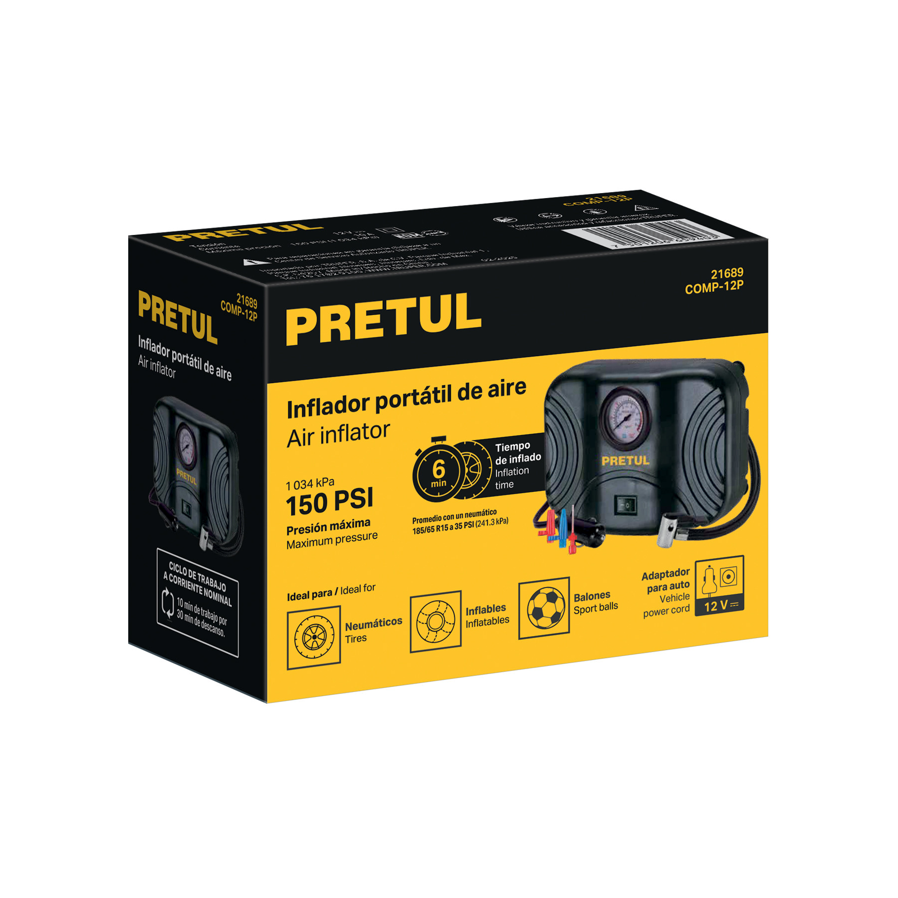 Inflador portátil para auto, 12 V, PRETUL, Compresores Para Auto, 21689