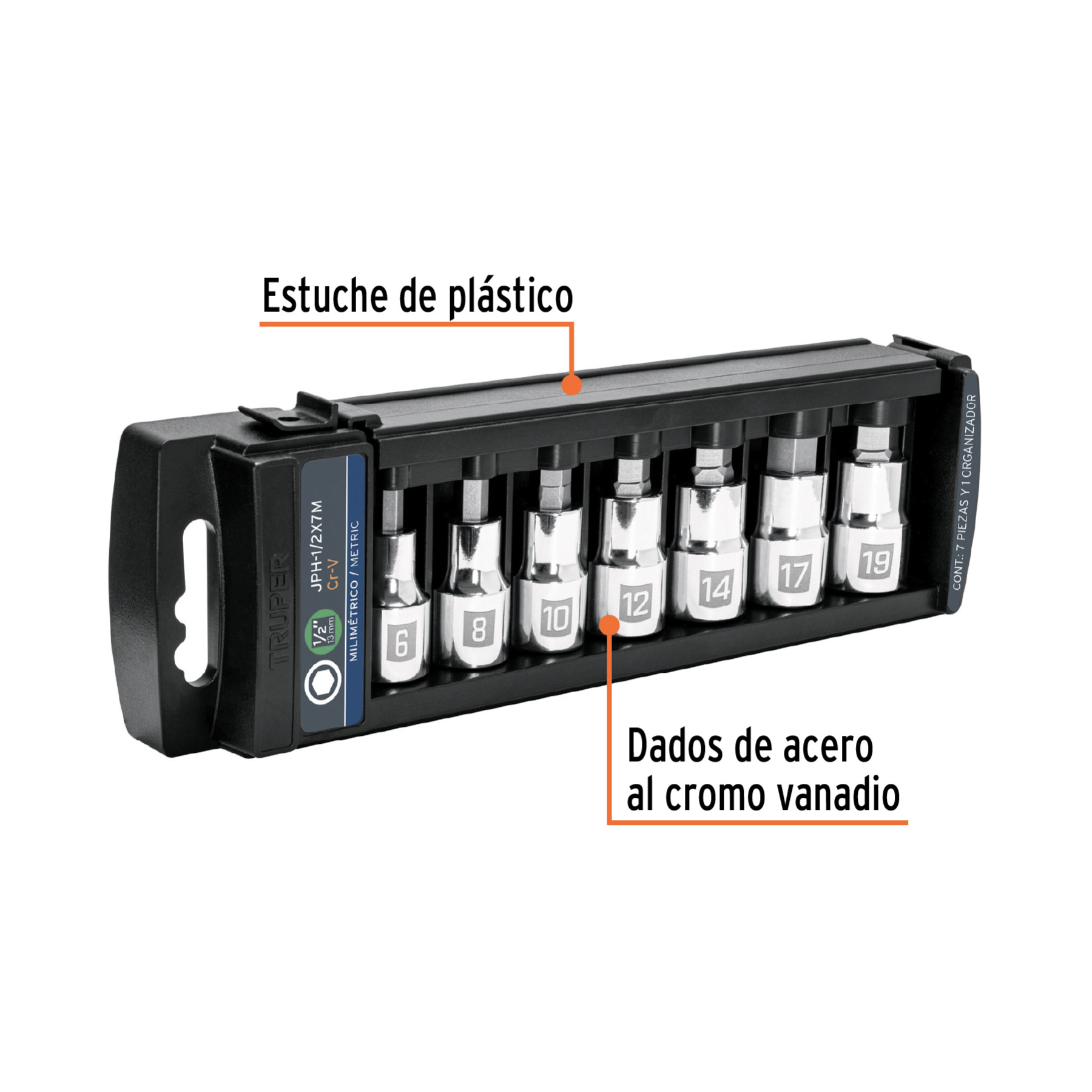 Juego de 7 dados cuadro 1/2 punta hexagonal mm, TRUPER, Truper, 102238