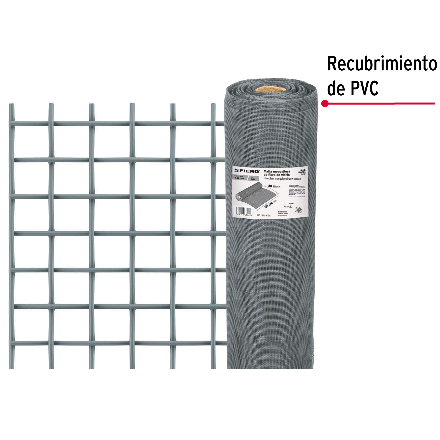 Rollo de 30 m x 0.9 m malla mosquitera fibra de vidrio gris, Fiero, 44965