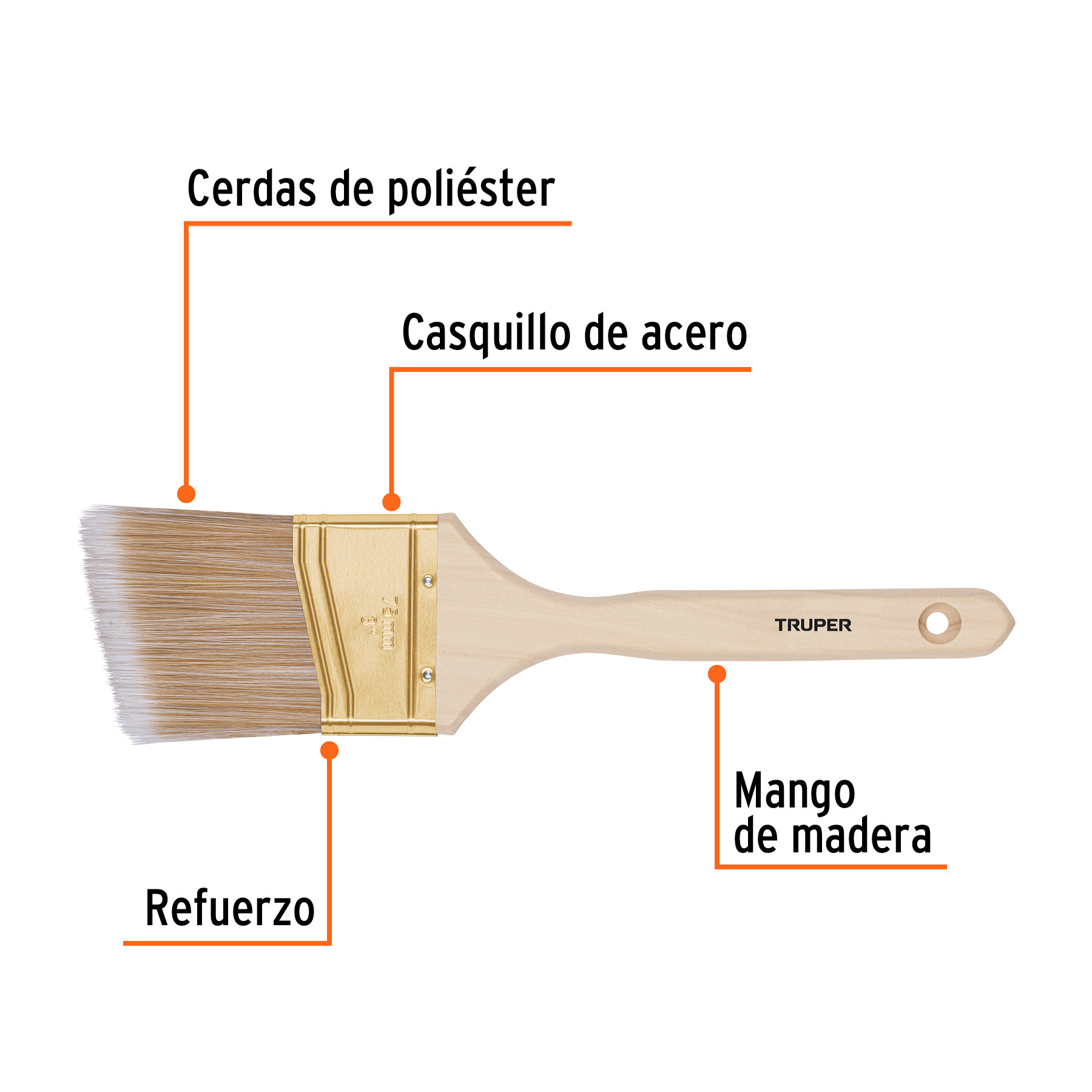 Brocha cerdas sintéticas 3 corte angular, mango de madera, Truper, 13341