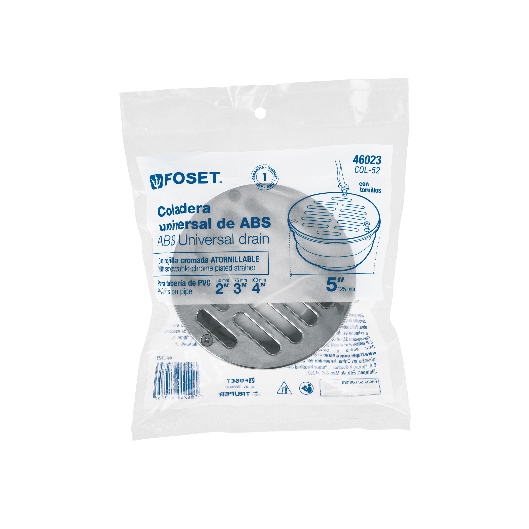 Coladera de ABS con rejilla cromada 5 , con tornillos, FOSET, Foset, 46023