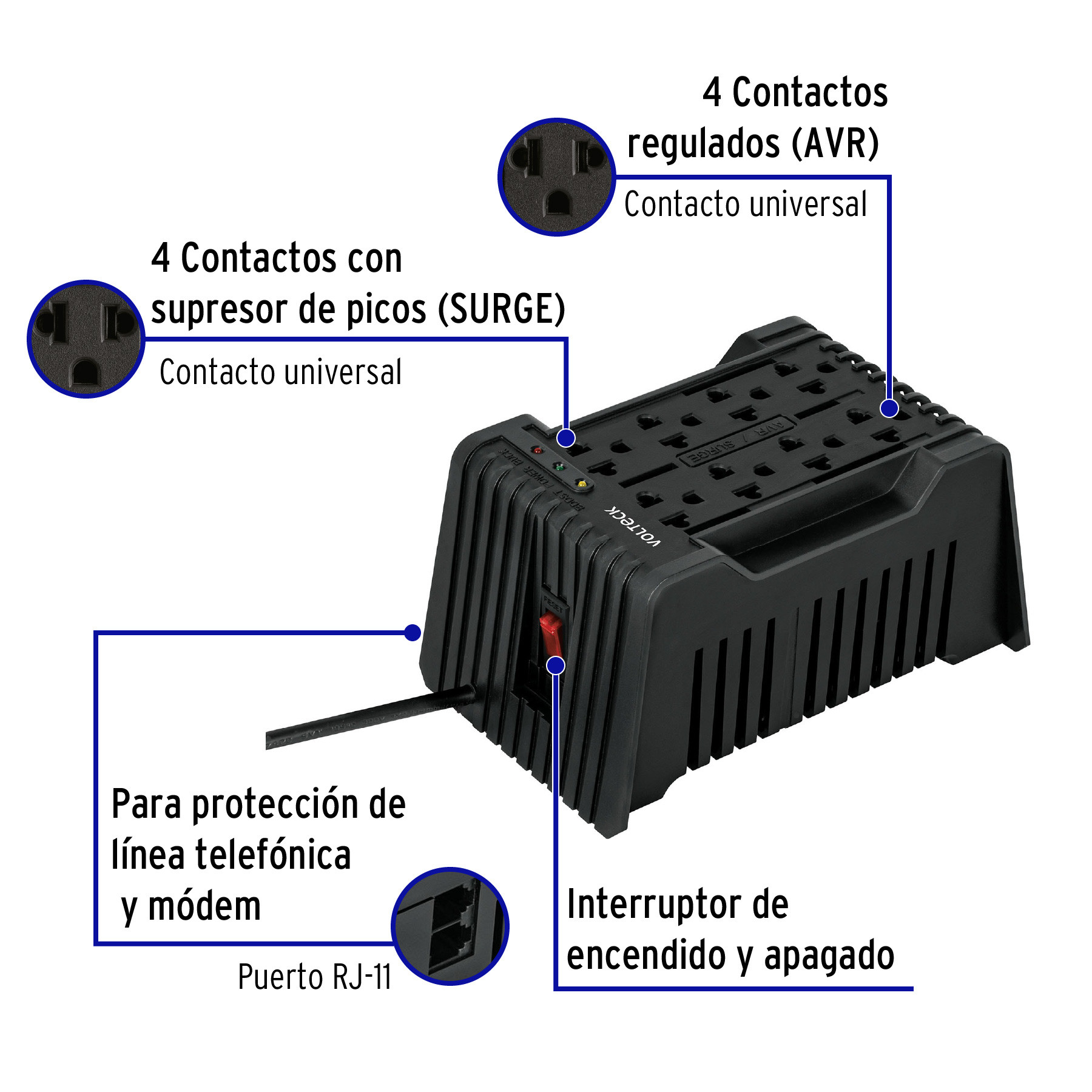 Regulador de voltaje de 1200 VA / 600 W 8 contactos, VOLTECK, Volteck ...