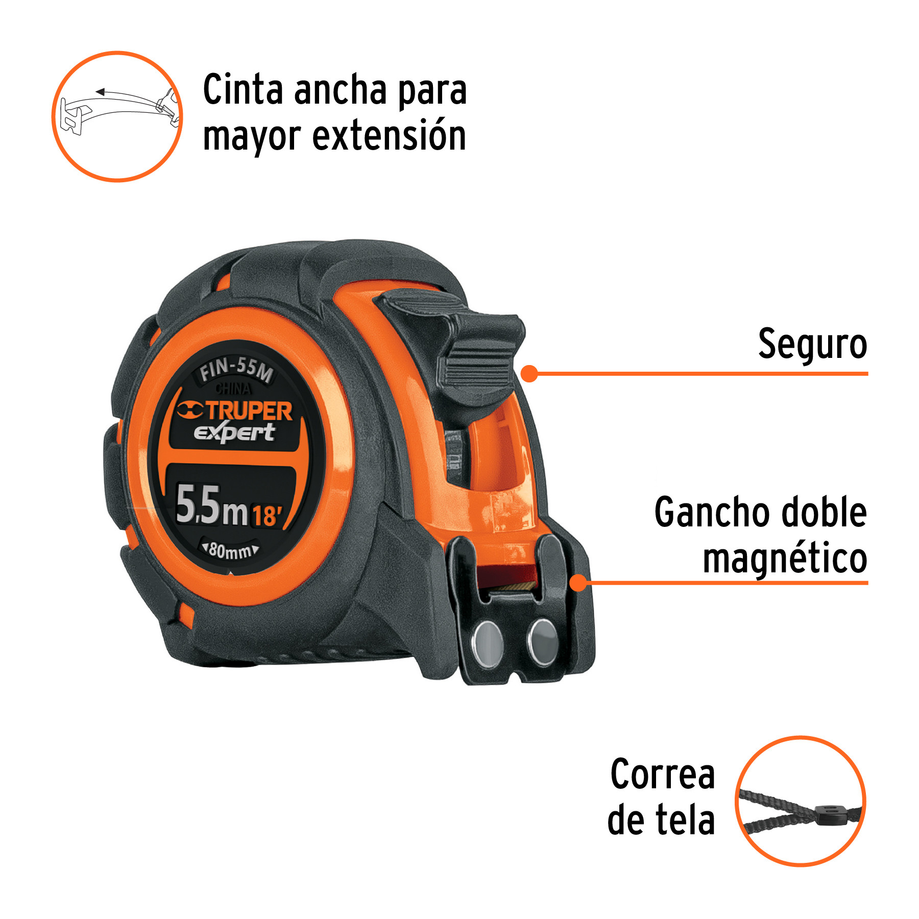 Flexómetro industrial contra impactos 5.5 m cinta 25 mm, Truper, 12695