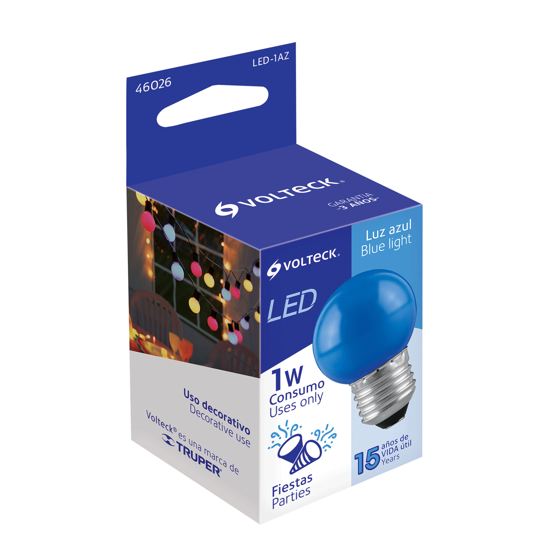 Foco LED 1 W, tipo globo G45, color azul, E26, VOLTECK, Volteck, 46026