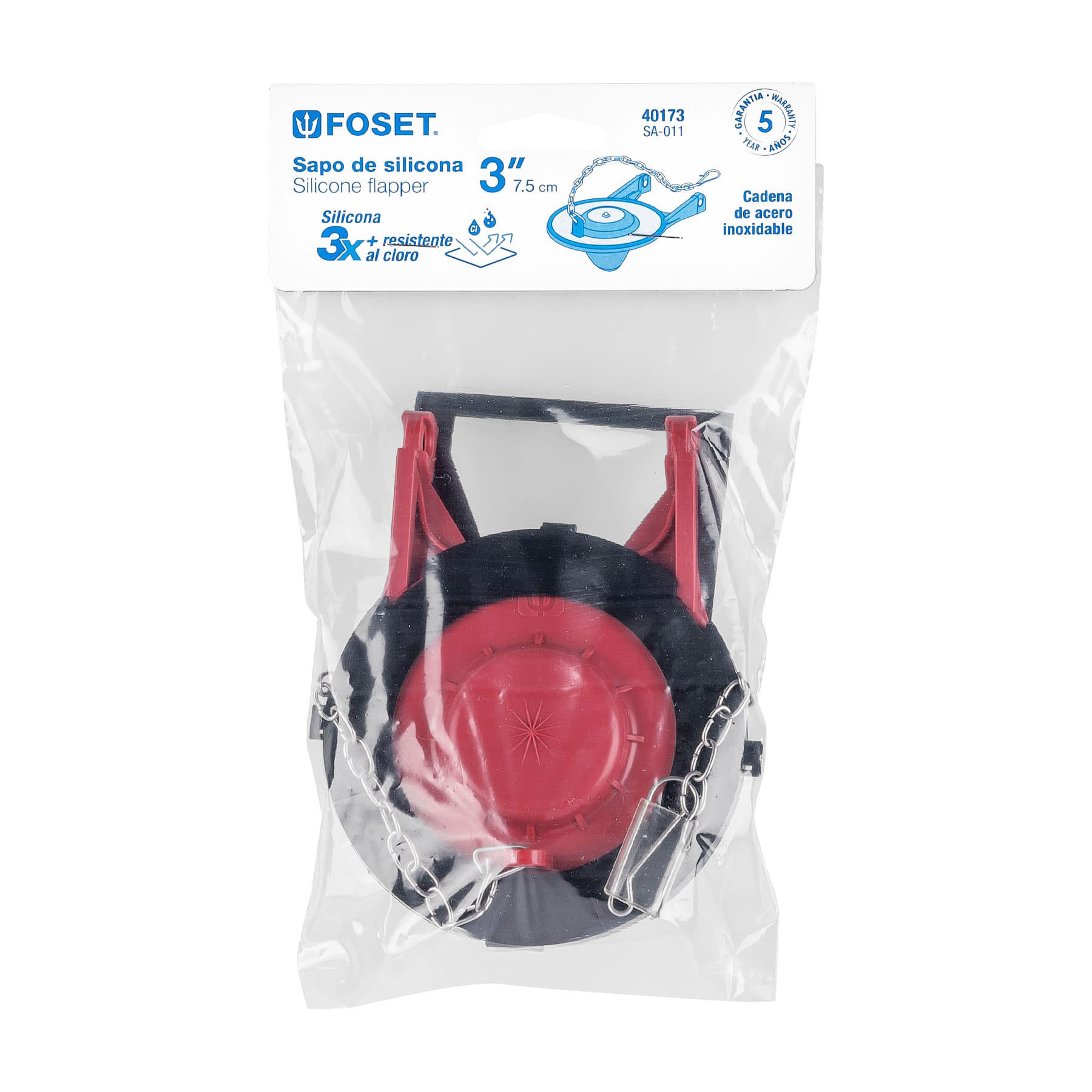 Sapo 3 para WC, silicona, rojo, cadena inox, Foset, Foset, 40173
