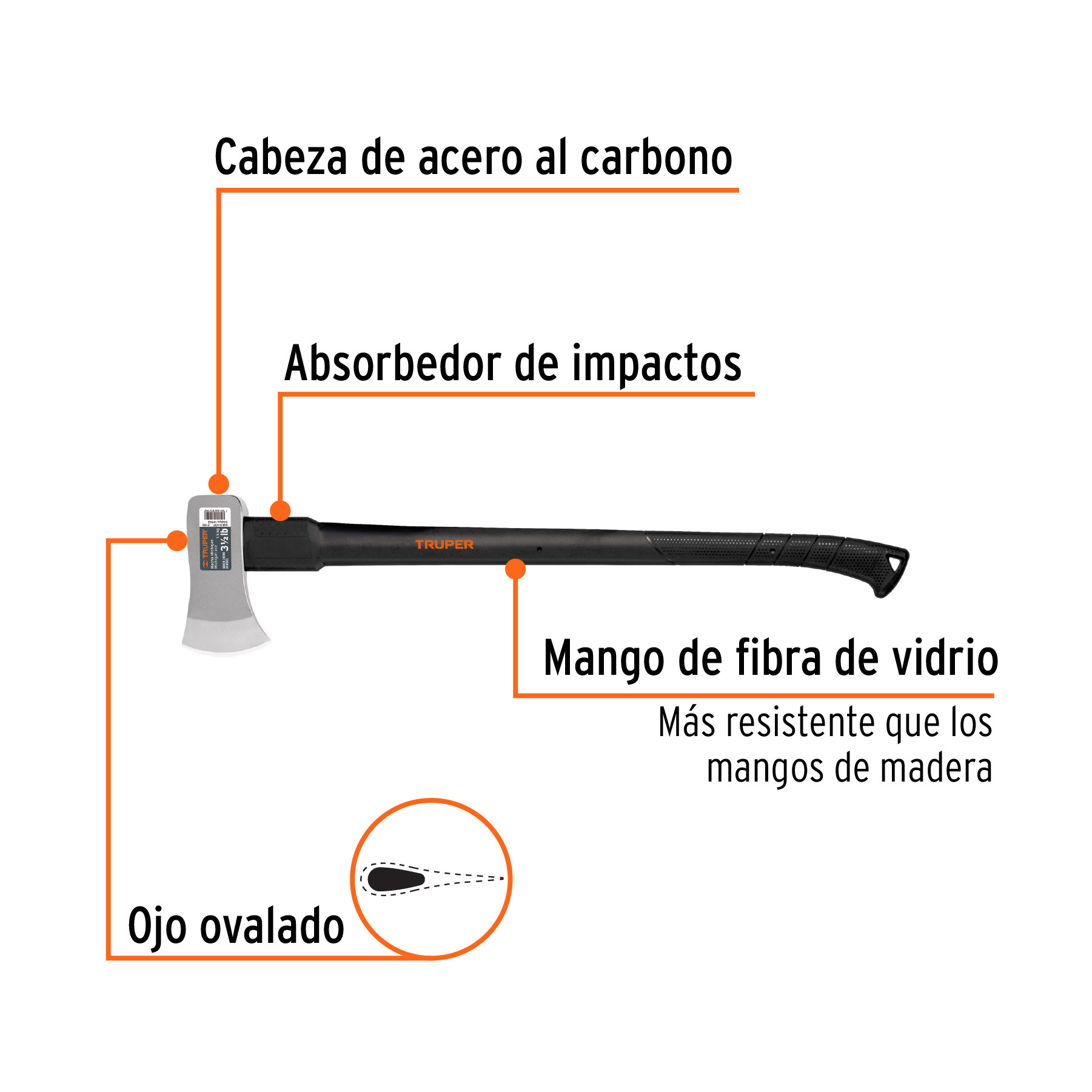 Hacha Michigan 3-1/2 lb, mango fibra de vidrio 34 , Truper, Hachas, 14962