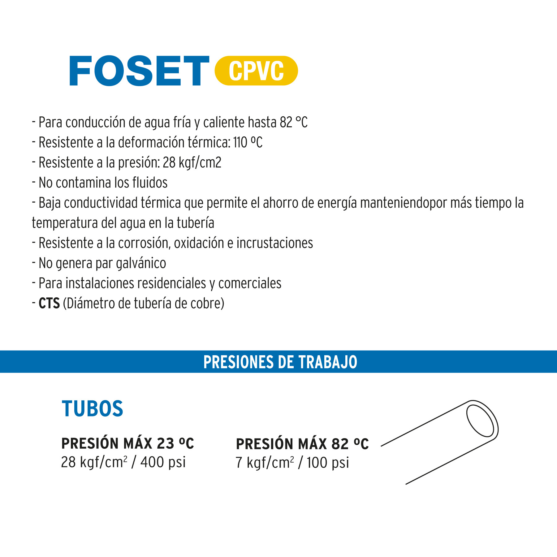 Tubo de 2 CPVC hidráulico RD 11, 3m, 3.5kg, FOSET, Foset, 45562