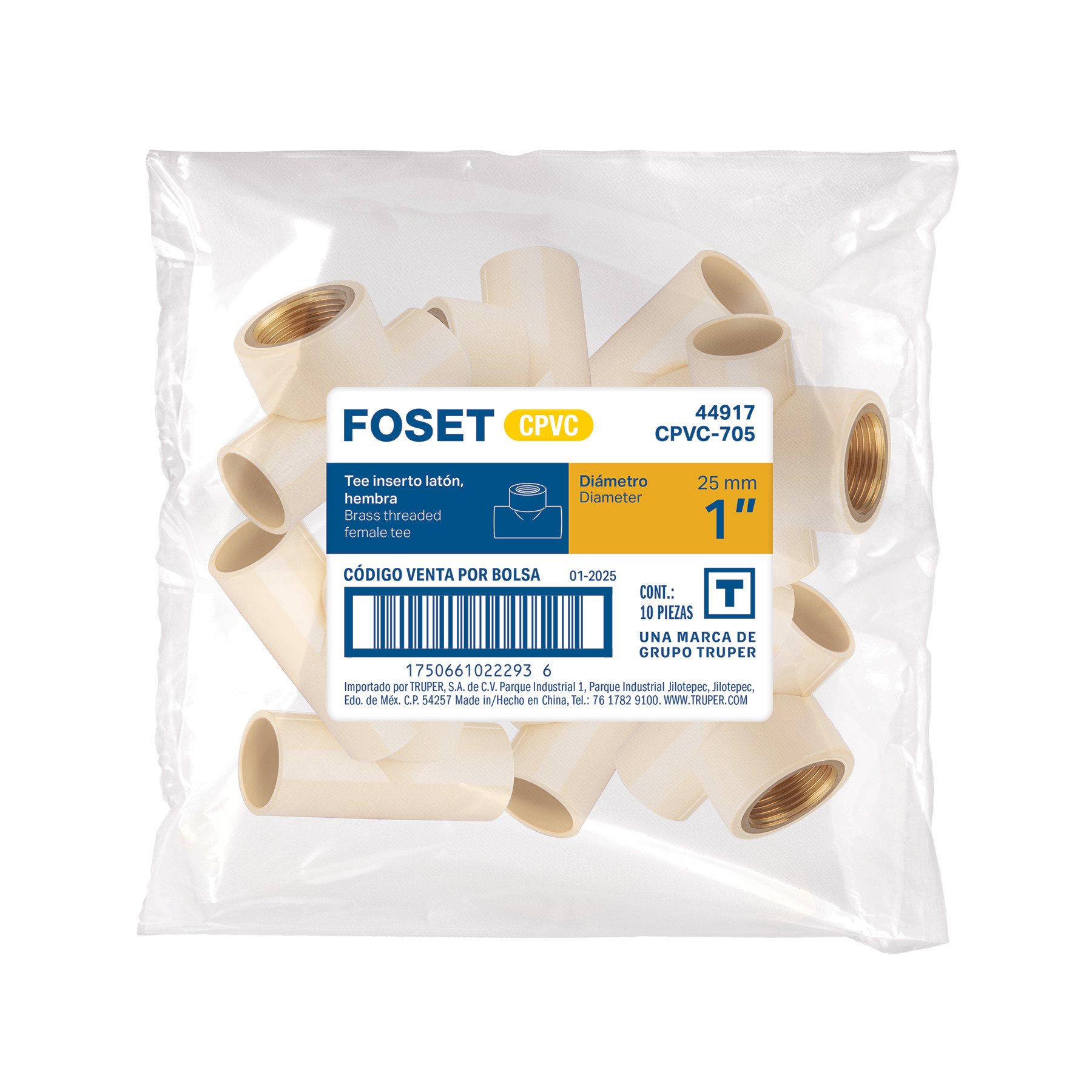 Tee de CPVC 1 rosca central hembra inserto latón, FOSET, Foset, 44917