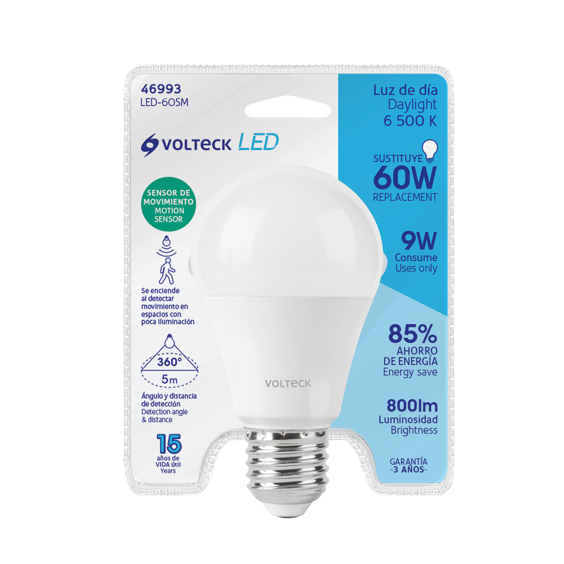 Foco LED 9W (60W) A19, sensor de movimiento, 6500K, VOLTECK, Volteck, 46993