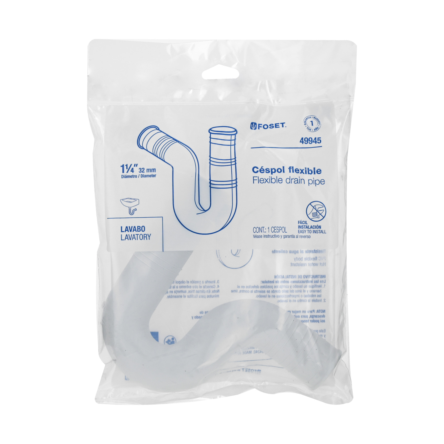 Céspol flexible 1-1/4 de PVC, para lavabo, FOSET, Foset, 49945