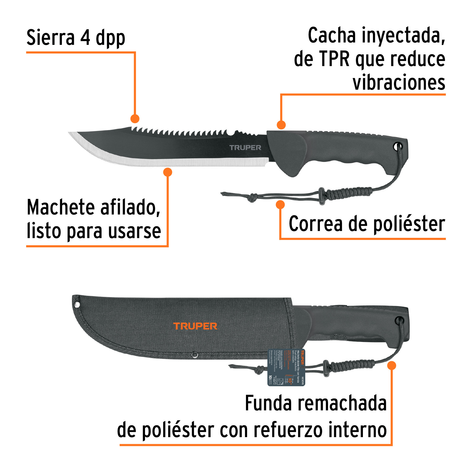 Machete doble filo 10 , cacha inyectada, con funda, TRUPER, Truper, 103015