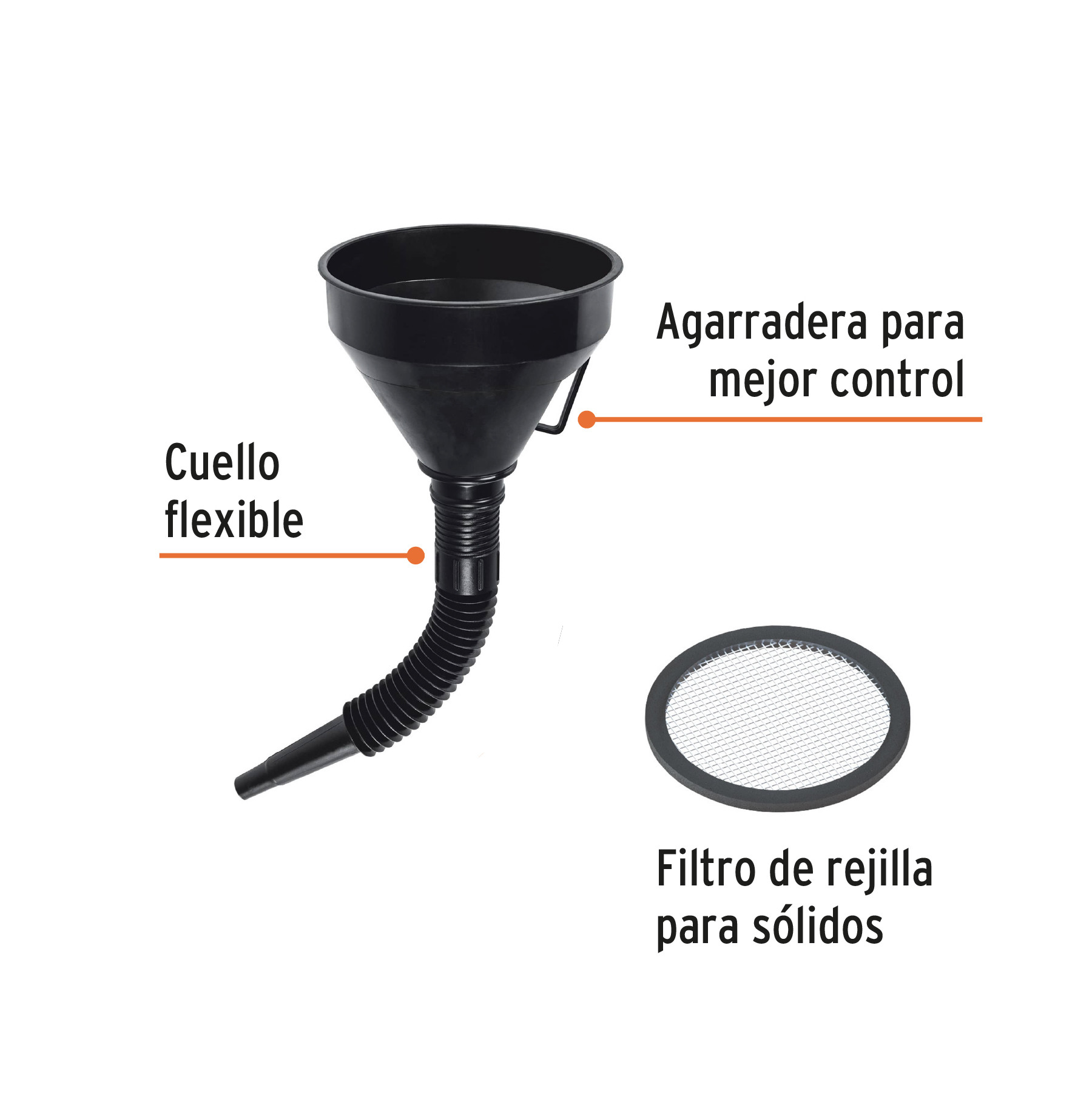 Embudo plástico 500 ml, cuello flexible con filtro, Truper, Truper, 11207