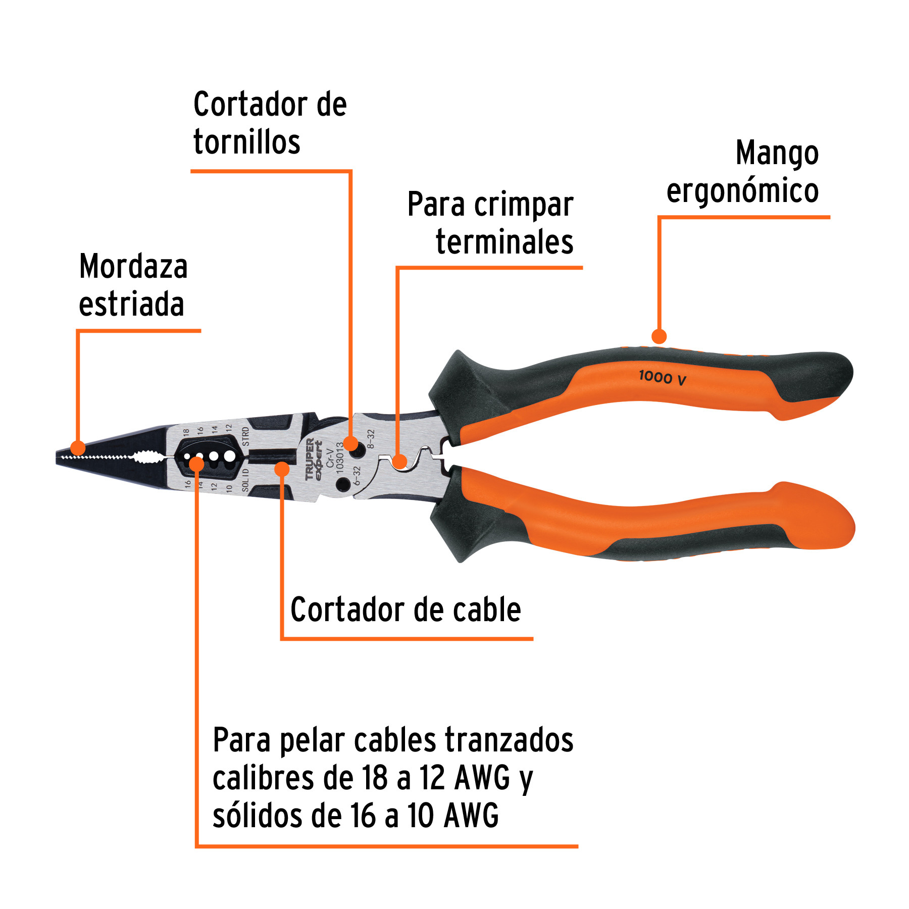Pinza multiuso 8 punta larga, comfort grip, Truper expert, Truper, 103013