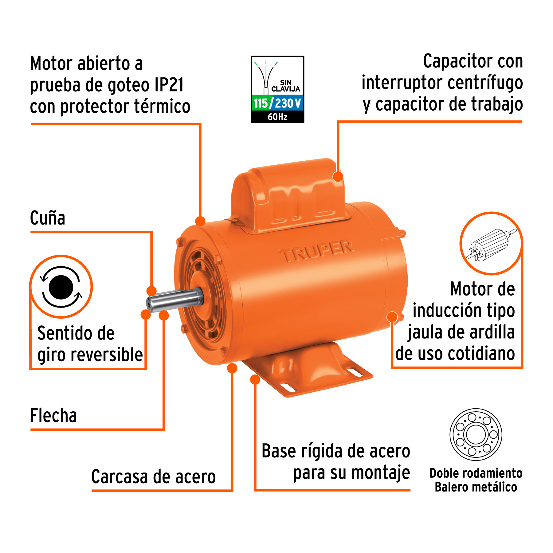 Motor eléctrico monofásico de 1/2 HP, alta velocidad, TRUPER, Truper ...