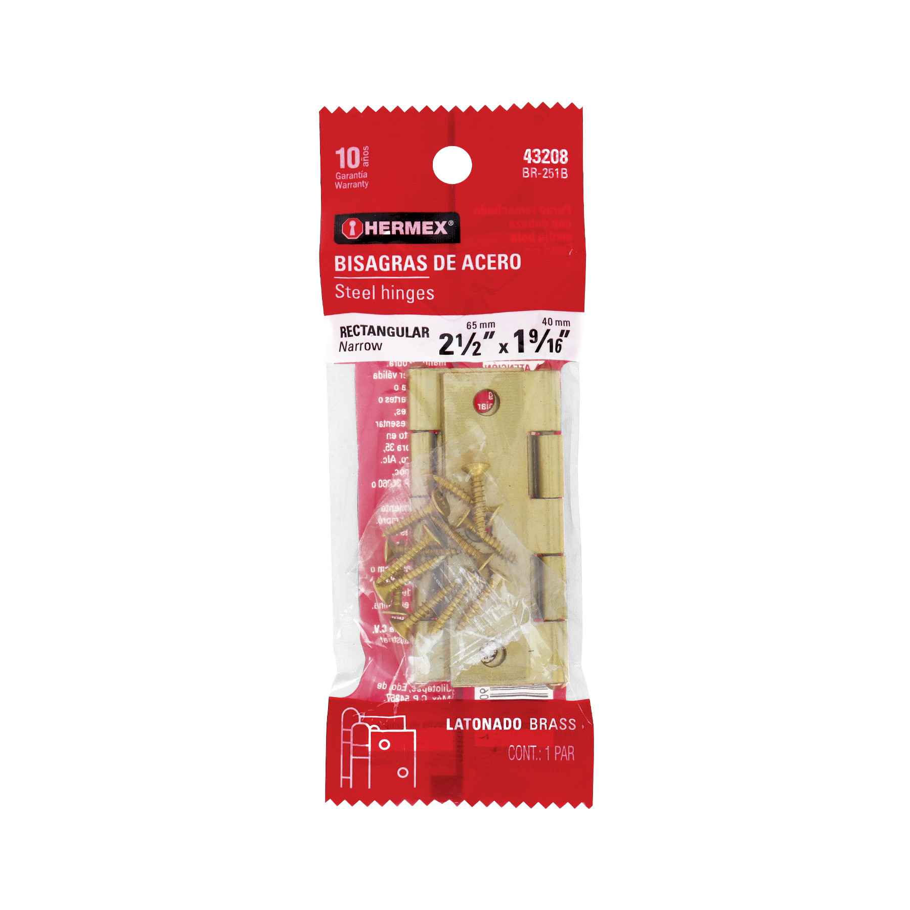 Bolsa con 2 bisagras rectangulares 2-1/2 , acero latonado, Hermex, 43208