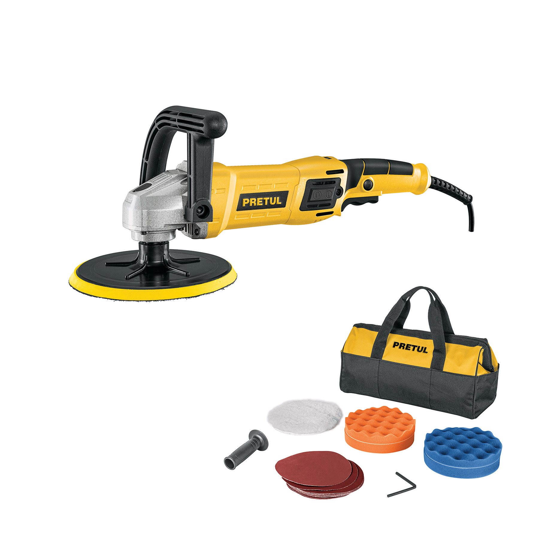 Pulidora velocidad variable 7 1200W, c/accesorios, PRETUL, Pulidoras, 28151