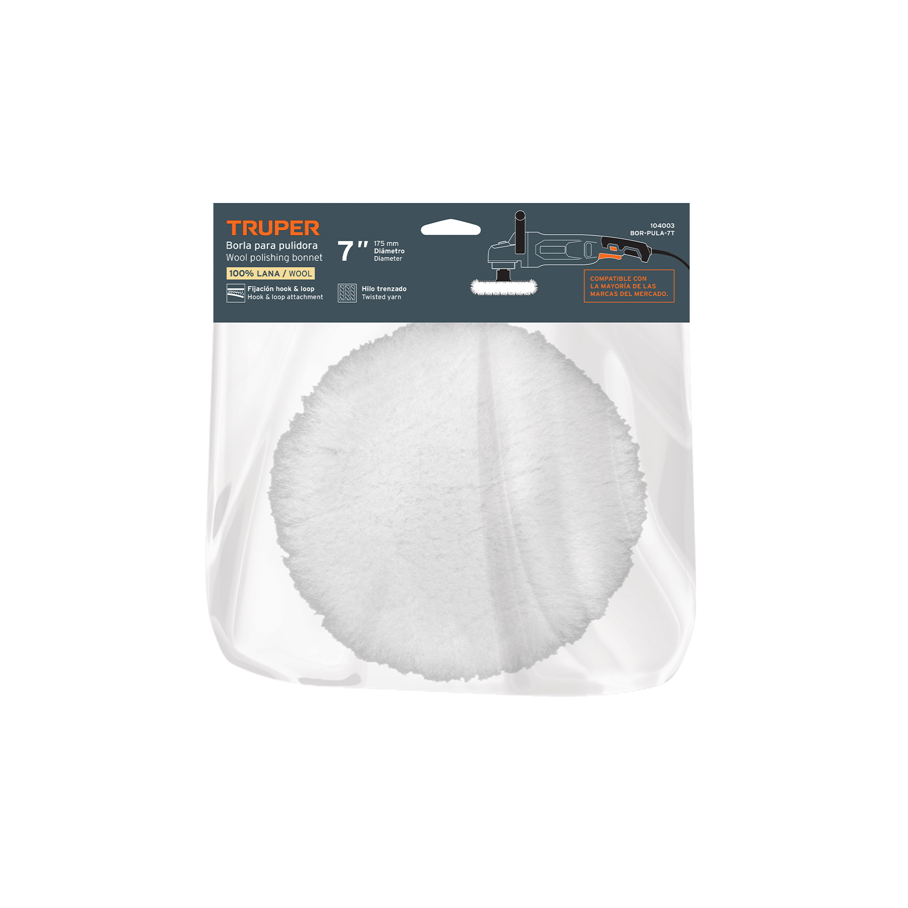 Borla p/pulir de lana de 3 hook and loop, TRUPER, Herramientas, 104001